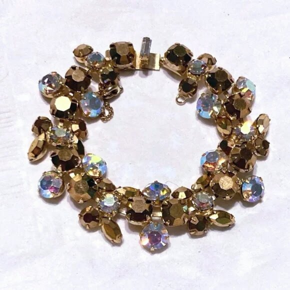 Regency | Jewelry | Regency Vintage Signed Mcm Pink Ab Brown Metallic Rhinestone Bracelet 7 ...